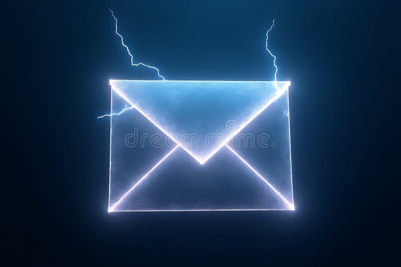 A Glowing Blue Email Envelope with Lightning on a Dark Background Stock ...