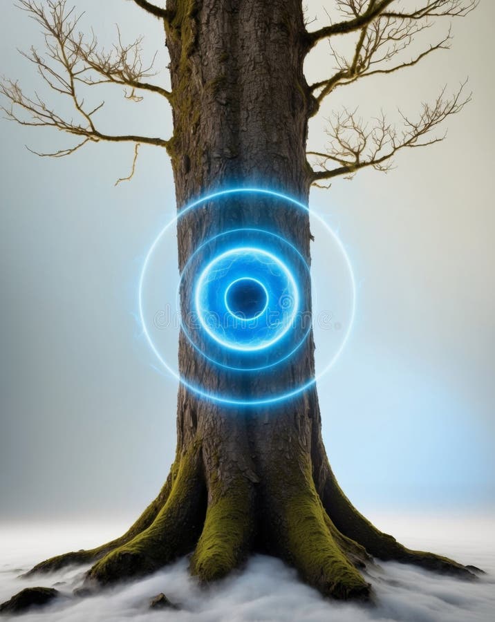 Glowing Blue Energy Circle on Tree Trunk. Stock Image - Image of forest ...