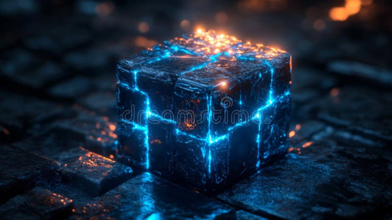 Glowing Blue Energy Cube on Dark Stone Surface Stock Illustration ...