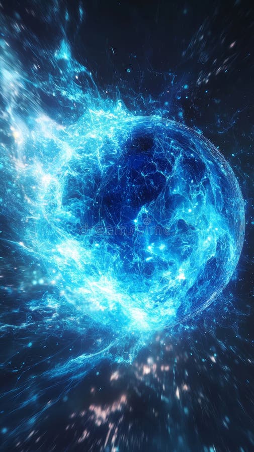 Glowing Blue Energy Sphere in Dark Space with Abstract Light Patterns ...