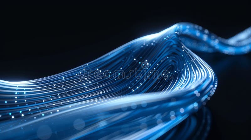 Glowing Blue Fiber Optic Strands Form a Dynamic Wave Pattern Against ...