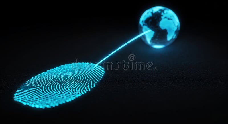 A Glowing Blue Fingerprint Connects with a Luminous Global Sphere on a ...