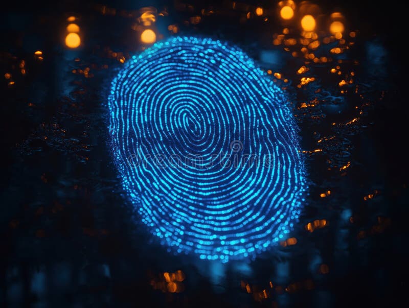 Glowing Blue Fingerprint on Dark Reflective Surface. Abstract Tech ...