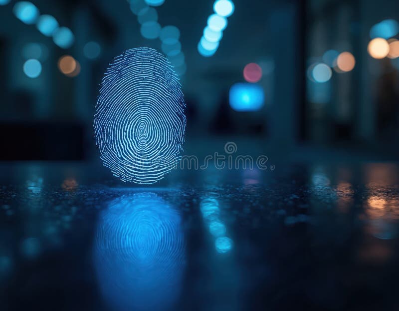 Glowing Blue Fingerprint on Dark Reflective Surface. Biometric ...