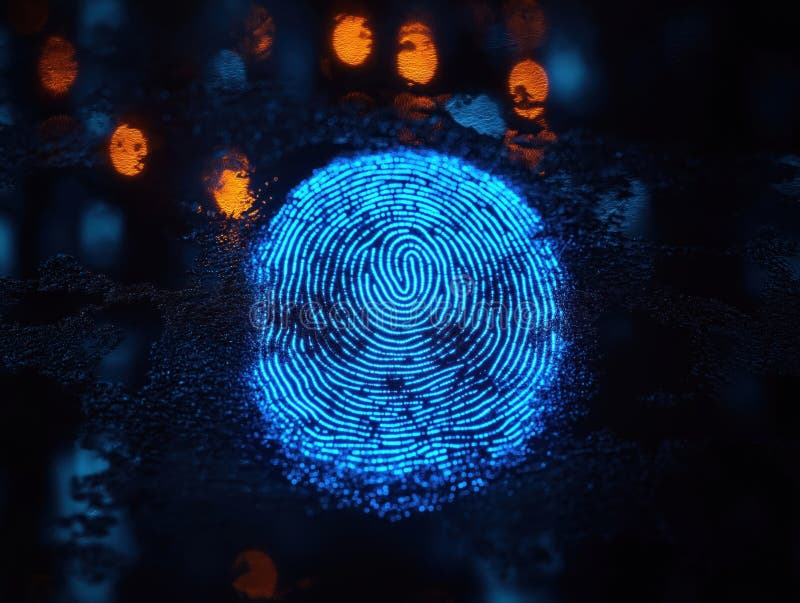 Glowing Blue Fingerprint on Dark Reflective Surface. Tech Illustration ...