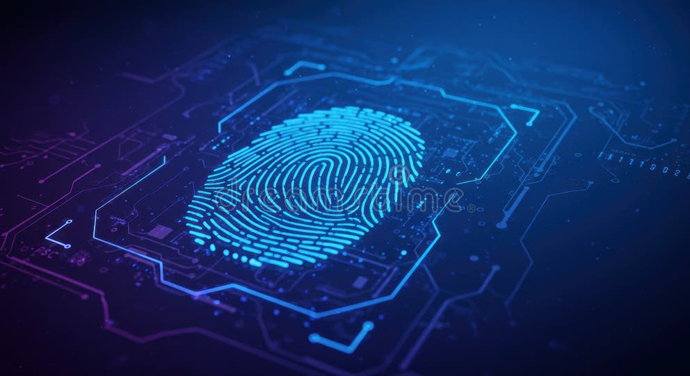 A Glowing Blue Fingerprint Hovers Above a Complex Digital Circuit Network Stock Illustration ...