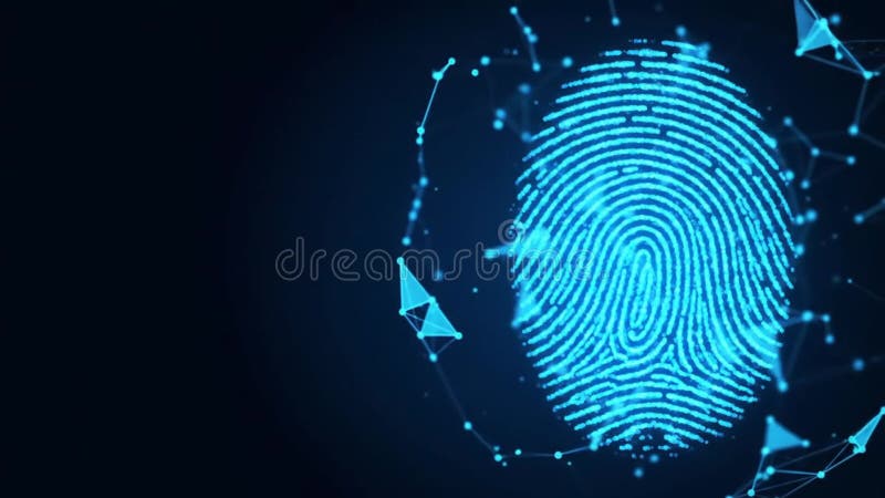 Blue Glowing Fingerprint Surrounded by Interconnected Dots and Lines Against a Dark Background ...