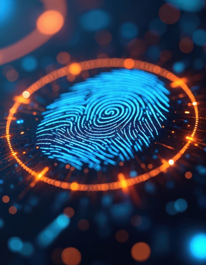 Glowing Blue Fingerprint Pattern on Dark Background. Abstract Digital Interface with Orange ...