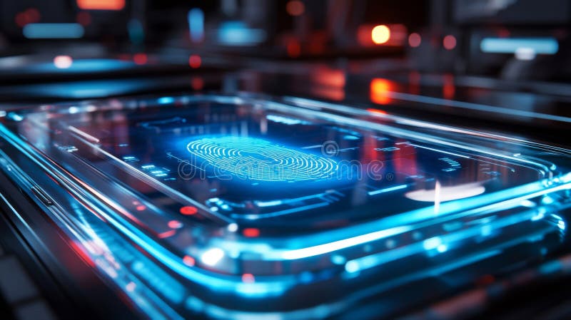 Glowing Blue Fingerprint Scan on Futuristic Glass Surface Stock ...