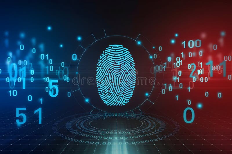 Glowing Blue Fingerprint Scanning Scene, Binary Numbers Float ...