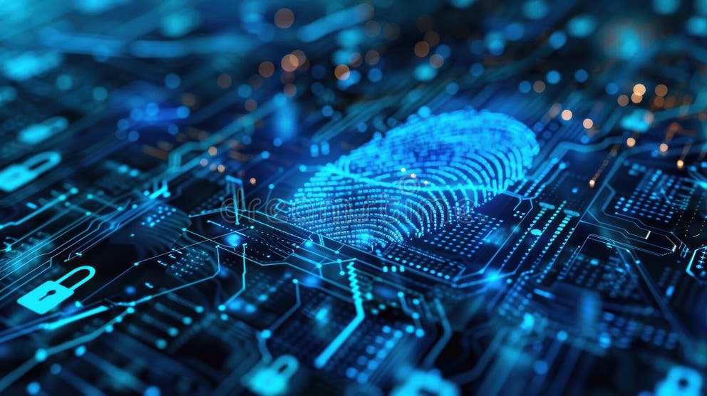 Advanced Biometric Cybersecurity Concept with Glowing Blue Fingerprint ...