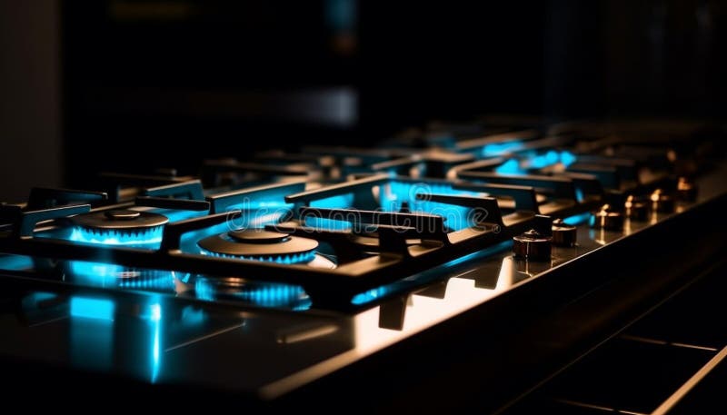 Glowing Blue Flame on Stainless Steel Stove Top Generated by AI Stock ...