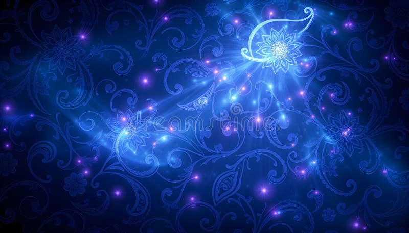 Glowing Blue Floral Pattern with Sparkling Lights Stock Illustration ...
