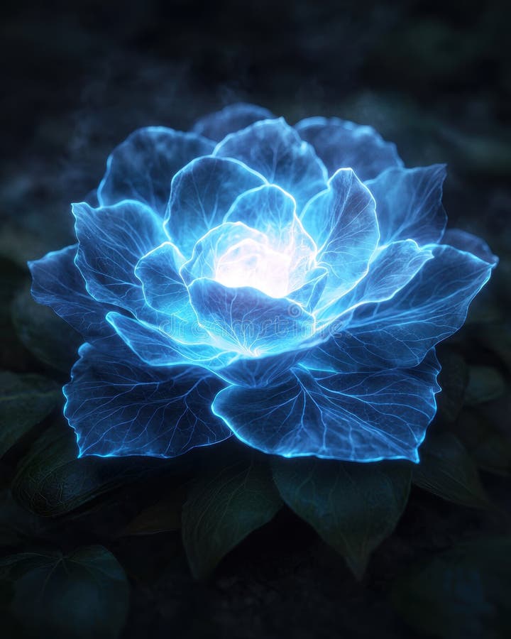 Glowing Blue Flower in the Dark Stock Illustration - Illustration of ...
