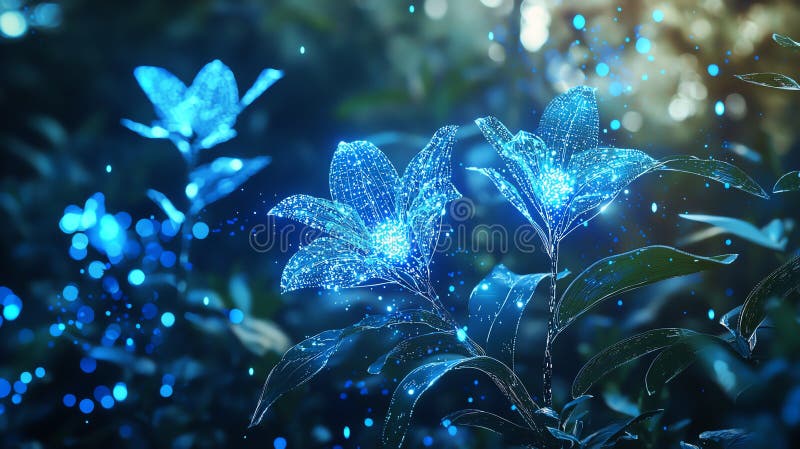 Glowing Blue Flowers with Sparkling Details in a Lush Background Stock ...
