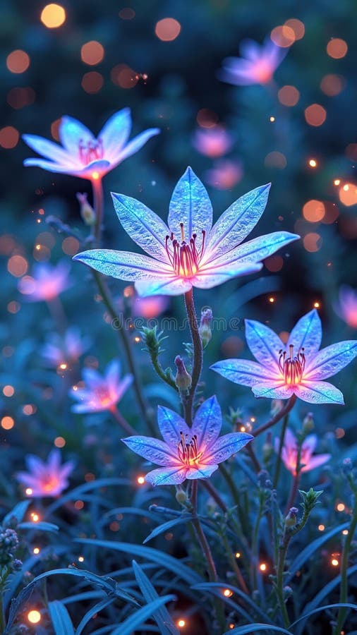 Glowing Blue Flowers in Twilight Garden with Magical Firefly Lights ...
