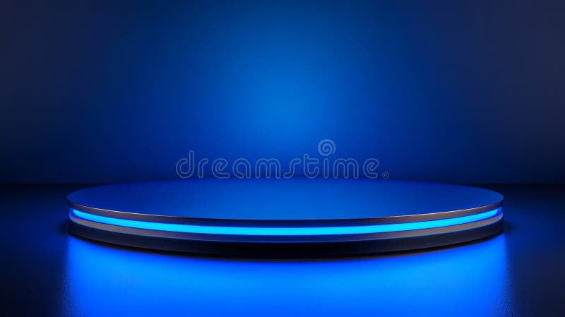 A Glowing Blue Futuristic Display Platform Illuminates a Dark Room ...