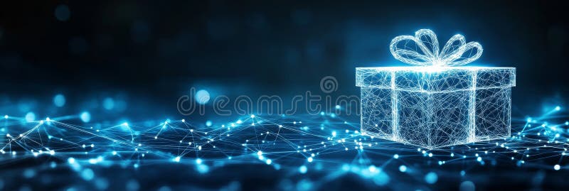 Glowing Blue Gift Box on Network Background, Digital Data and ...