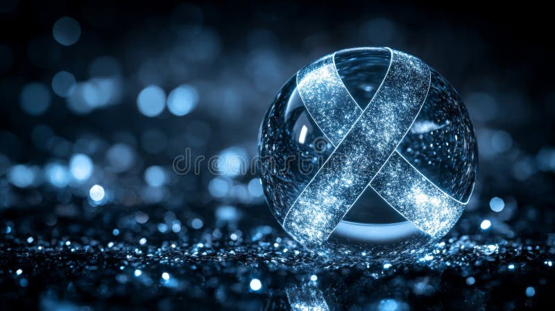 Glowing Blue Glass Sphere with X Symbol on Dark Glitter Background ...