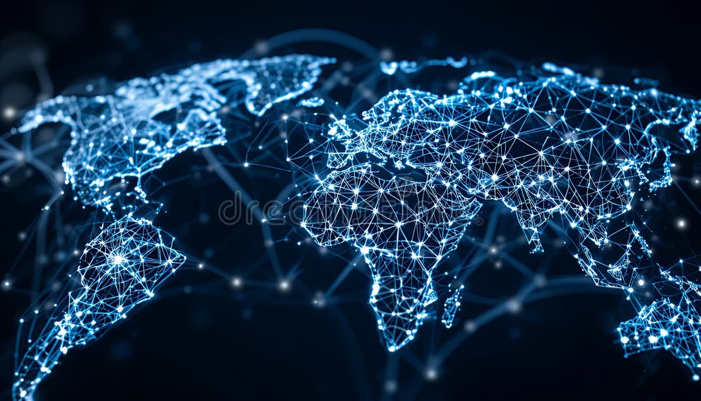 Glowing Blue Global Network World Map Abstract Digital Technology Stock ...