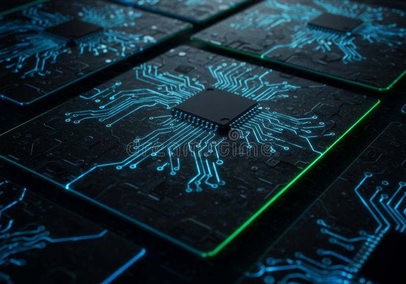 Glowing Blue and Green Circuit Boards with Microchip Stock Illustration ...