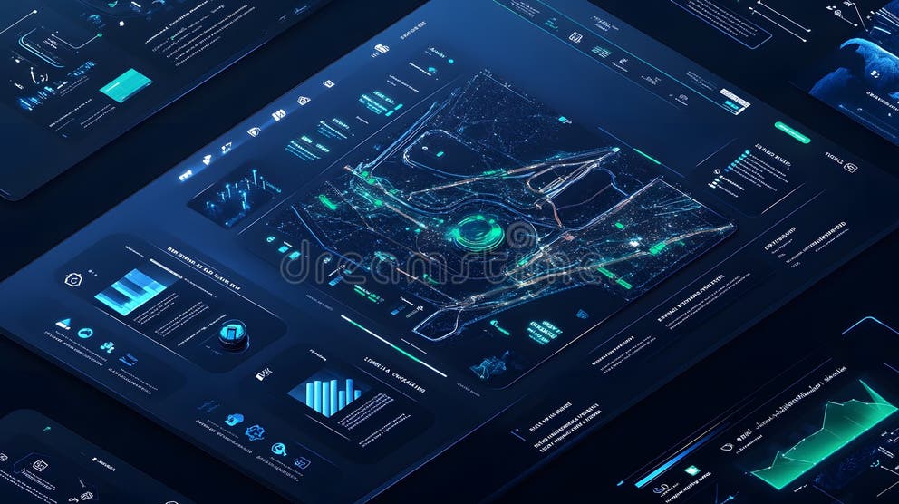Glowing Blue and Green Data Visualizations on Dark Background Stock Illustration - Illustration ...