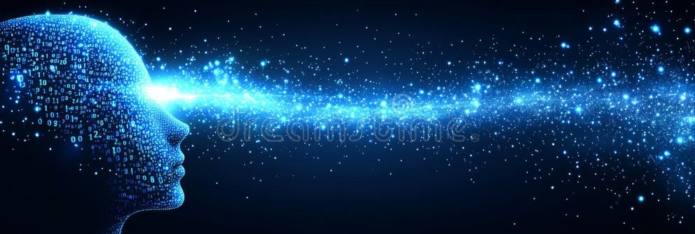 Glowing Blue Head Profile Made of Circuit Paths and Binary Numbers on Dark Sapphire Background ...