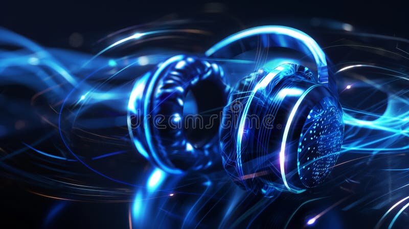 Glowing Blue Headphones with Light Trails Stock Image - Image of audio ...