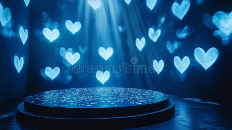 Glowing Blue Hearts Background with Illuminated Stage Stock ...