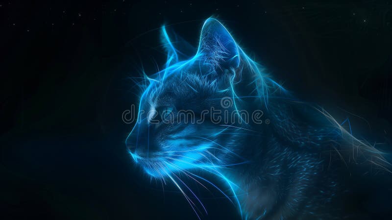 A Glowing Blue Holographic Cat Projects Against a Dark Background ...