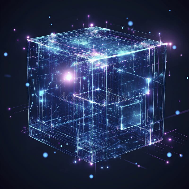 Glowing Blue Holographic Cube with Transparent Edges, Surrounded by ...
