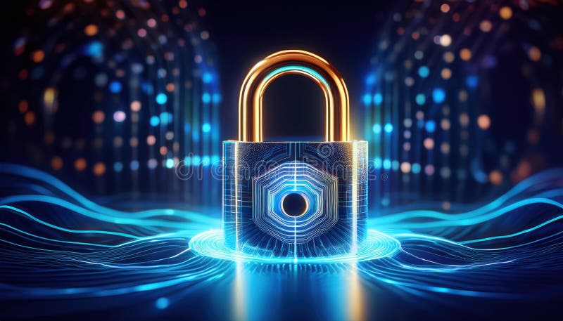Glowing Blue Holographic Padlock Against a Dark Background Representing ...