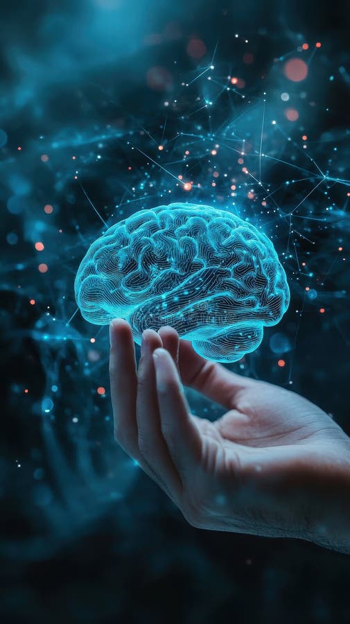 A Glowing Blue Human Brain Held by a Hand Against a Dark Background with Bokeh Lights and ...