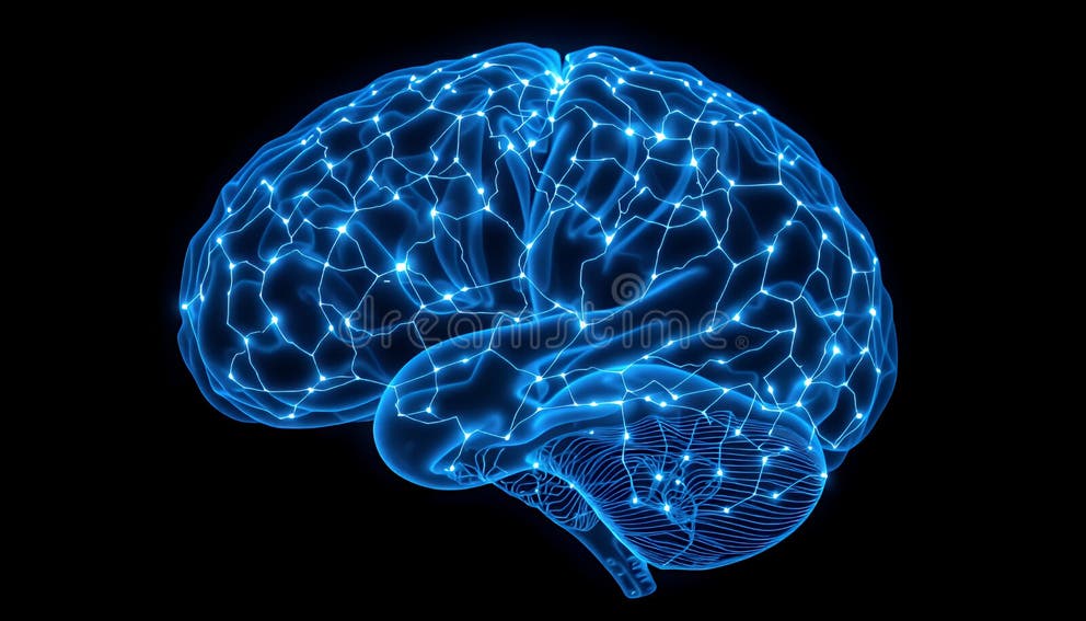 Glowing Blue Human Brain Neural Network 3D Render Stock Illustration ...