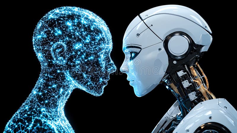 Glowing Blue Humanoid and White Robot Face To Face Stock Photo - Image ...