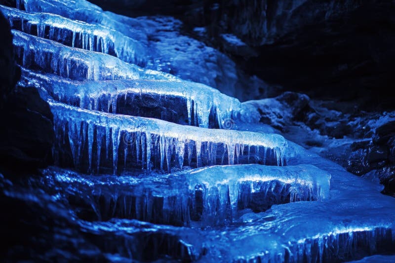 Glowing Blue Ice Formations Creating a Stunning Visual in a Dark Cave ...