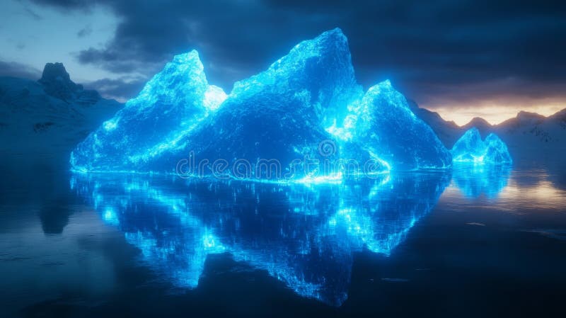 Glowing Blue Iceberg Reflection in Calm Water at Sunset Stock ...