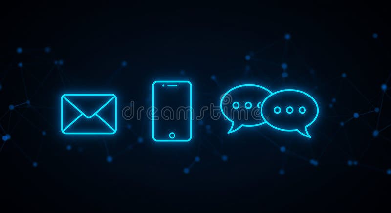 Glowing Blue Icons on a Dark Background Represent Communication Methods ...