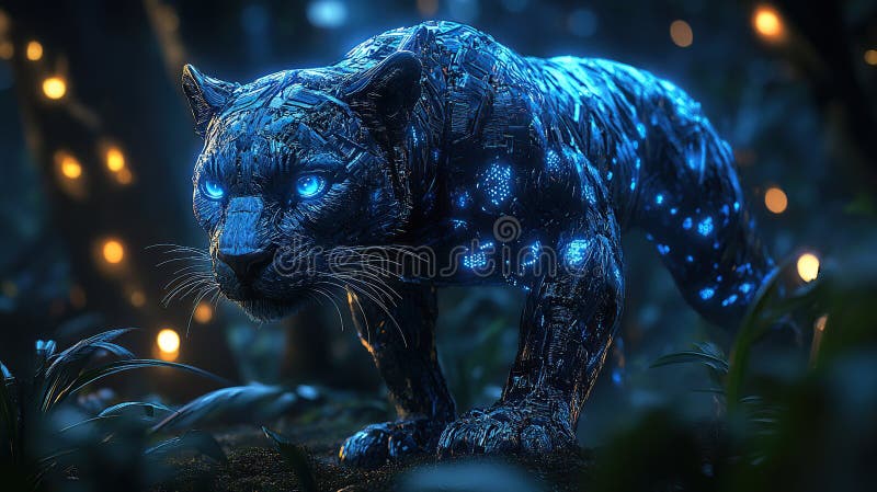 Glowing Blue Jaguar in Dark Forest Stock Illustration - Illustration of ...