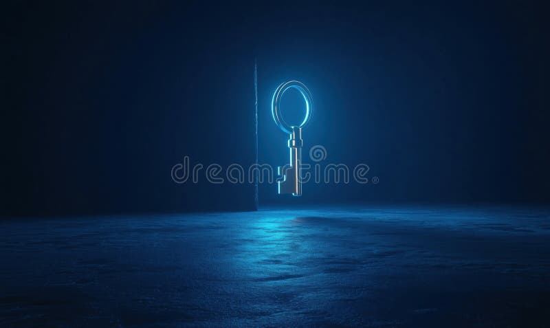 Glowing Blue Key Symbolizing Access and Security in a Dark Environment ...