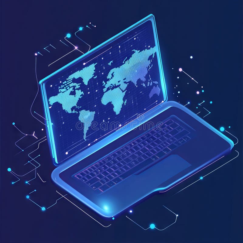 A Glowing Blue Laptop with a World Map on the Screen, Representing ...