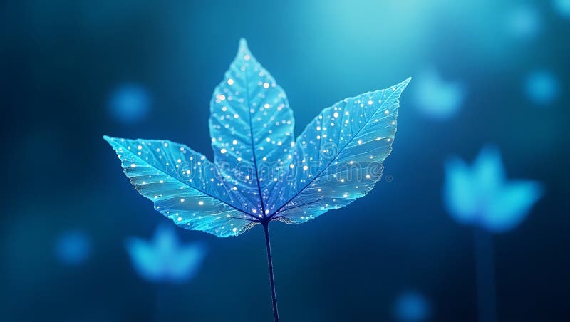 A Glowing Blue Leaf with Sparkles on a Dark Blue Background with ...