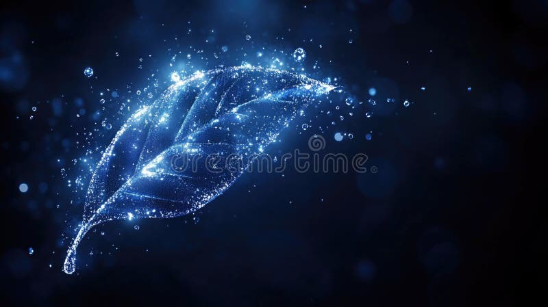 Glowing Blue Leaf with Sparkling Particles on Dark Background Stock ...
