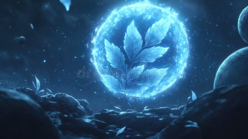 Glowing Blue Leaf Sphere in Mystical Space Environment with Floating ...