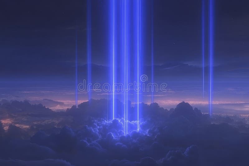 A Glowing Blue Light Beam Rises from a Digital Landscape. Stock Photo ...