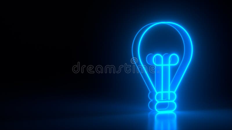 Glowing Blue Light Bulb Symbol on Black Dark Background. Sign, Neon ...