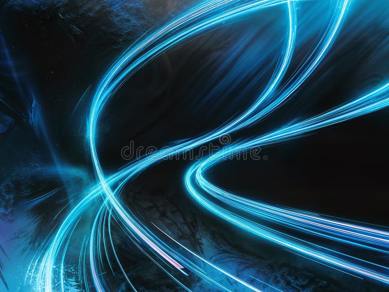 Glowing Blue Light Trails Form Curved Paths Against Dark Background ...