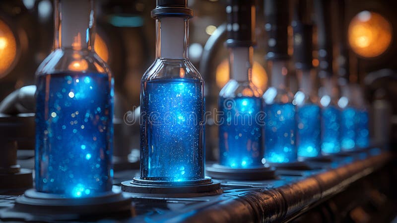 Glowing Blue Liquid Bottles on Factory Conveyor Belt. Sci-fi Setting ...