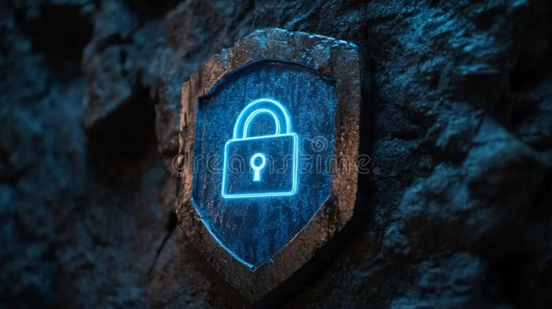 Glowing Blue Lock Emblem on Stone Shield Stock Illustration ...