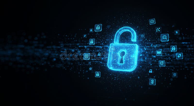 Glowing Blue Lock Graphic, Symbolizing Cybersecurity, Set Against a ...